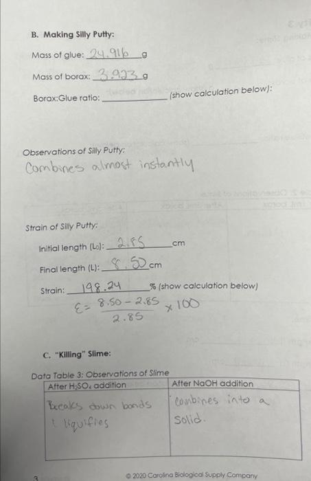 Solved B. Making Silly Putty: Mass of glue: Mass of borox: | Chegg.com