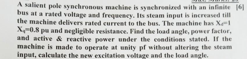 Solved A Salient Pole Synchronous Machine Is Synchronized