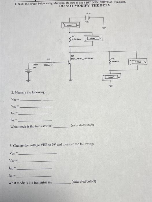 Solved 1. Build the circuit below using Multisim. Be sure to | Chegg.com