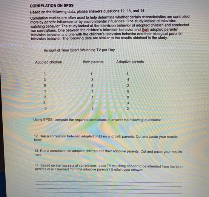 Solved CORRELATION ON SPSS Based on the following data, | Chegg.com