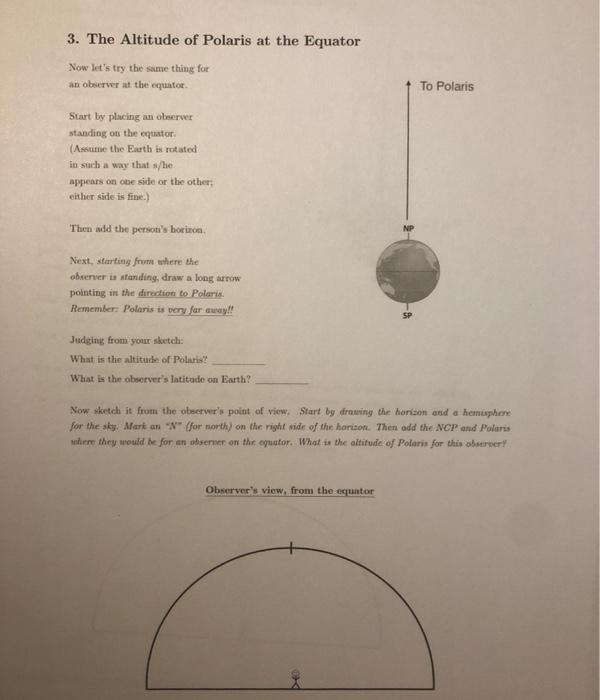 Solved 3. The Altitude of Polaris at the Equator Now let's | Chegg.com