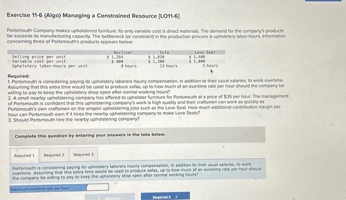Solved Exercise 11-6 (Algo) Managing a Constrained Resource | Chegg.com