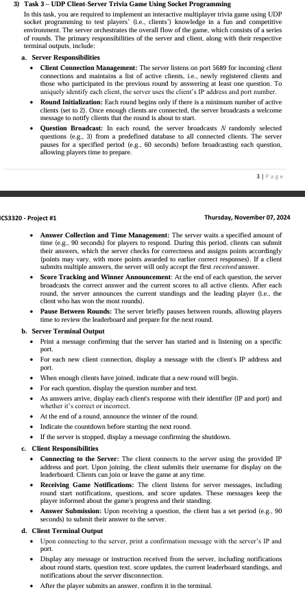 Solved 3) ﻿Task 3 - ﻿UDP Client-Server Trivia Game Using | Chegg.com