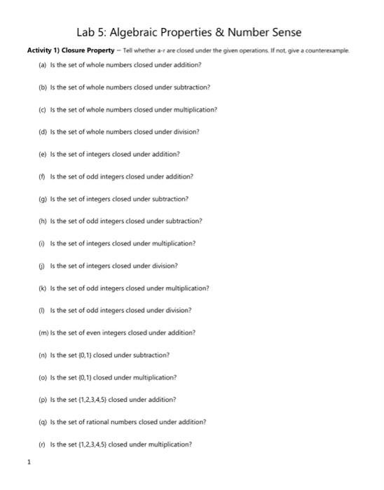 Solved Lab 5: Algebraic Properties \& Number Sense Activity | Chegg.com