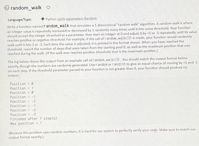 Solved Language/Type: Zy Python while parameters Random | Chegg.com