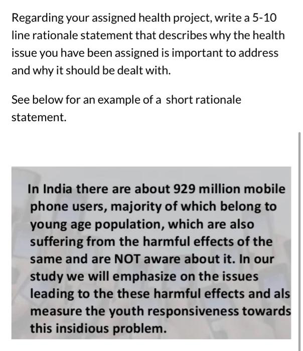 Solved Regarding your assigned health project, write a 5-10 | Chegg.com