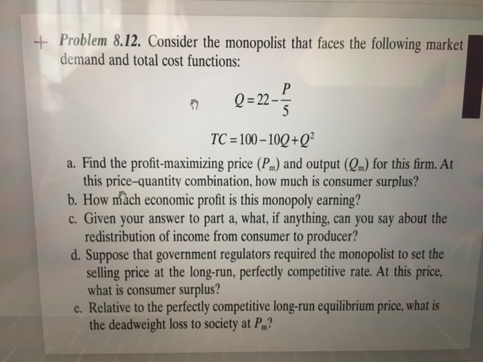 Solved + Problem 8.12. Consider the monopolist that faces | Chegg.com