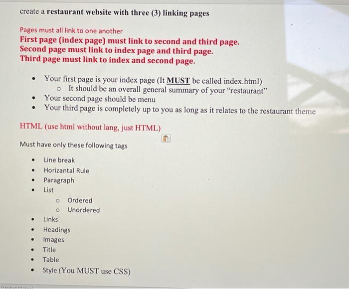 Solved create a restaurant website with three (3) linking | Chegg.com
