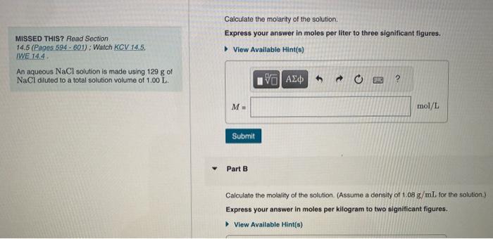 Solved Calculate the molarity of the solution. MISSED THIS? | Chegg.com