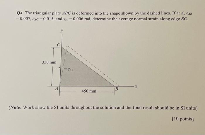 Solved Q4. The triangular plate ABC is deformed into the | Chegg.com