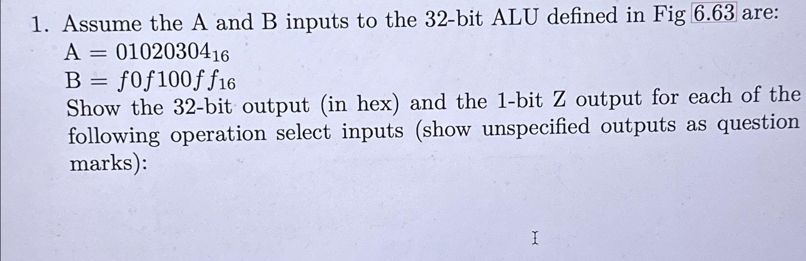 Solved Assume the A and B inputs to the 32-bit ALU defined | Chegg.com