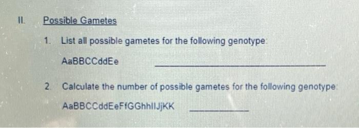 Solved II. Possible Gametes 1. List all possible gametes for | Chegg.com