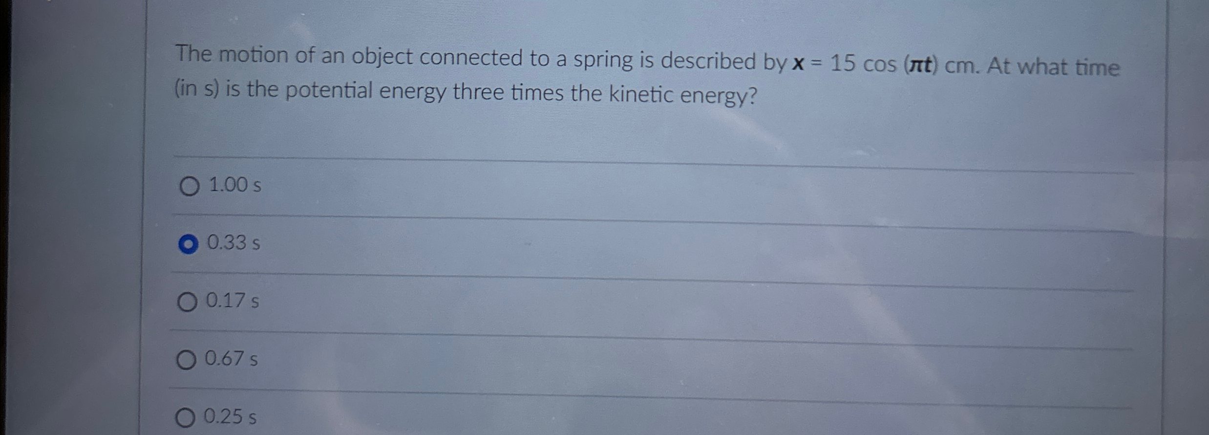 Solved The motion of an object connected to a spring is | Chegg.com