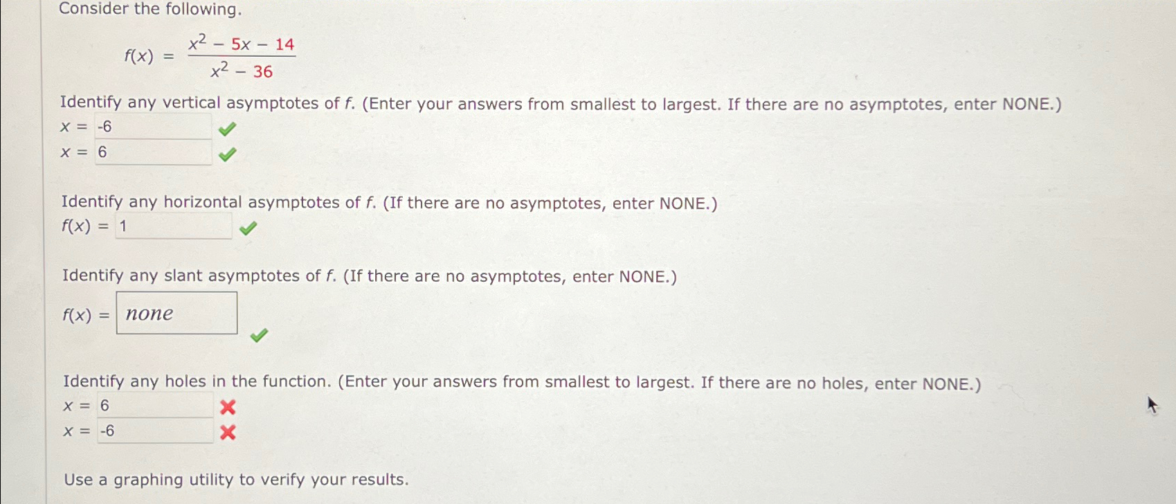 Solved Consider the following.f(x)=x2-5x-14x2-36Identify any | Chegg.com
