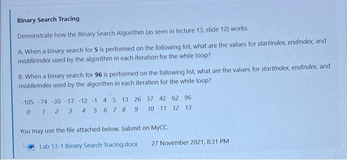 Solved Binary Search Tracing Demonstrate How The Binary 7361