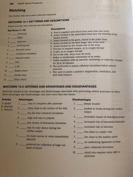 Solved 266 Unit IV. Special Procedures Matching Use choices | Chegg.com
