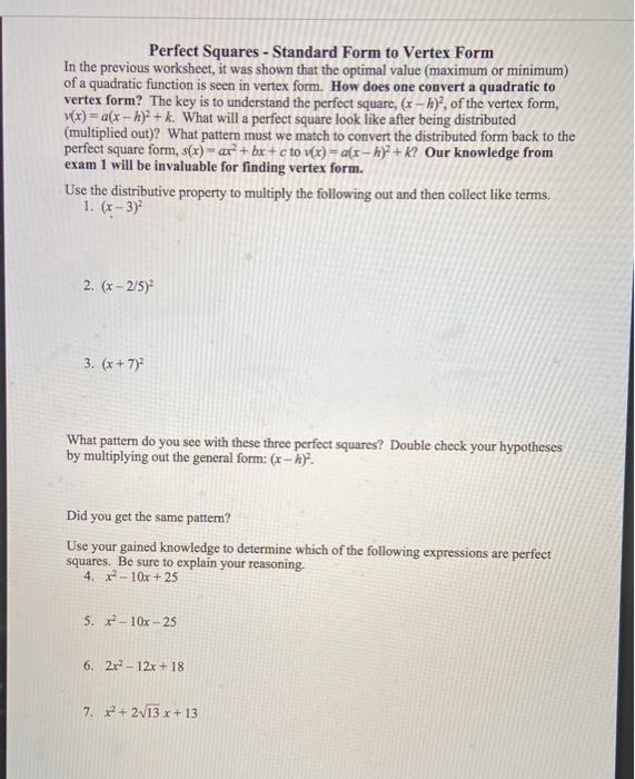 Solved Perfect Squares - Standard Form to Vertex Form In the | Chegg.com