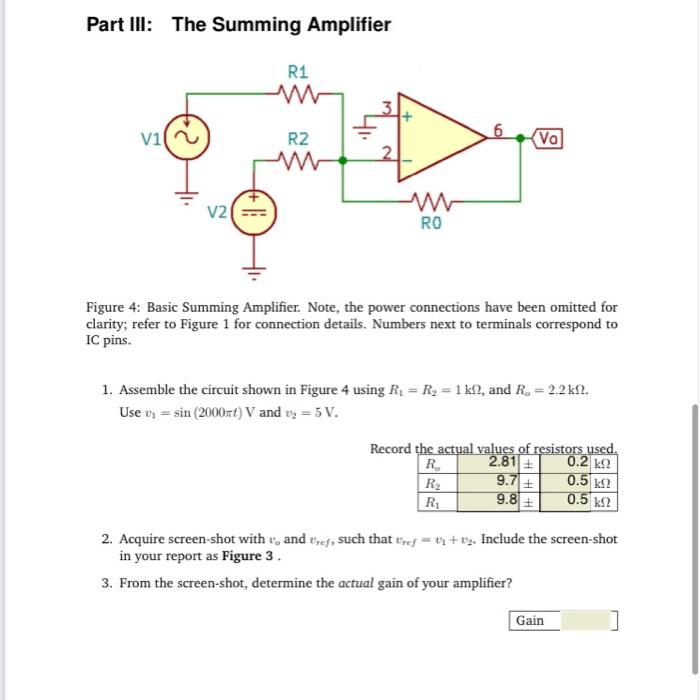 Solved Part III: The Summing Amplifier R1 V1 R2 va V2 RO | Chegg.com