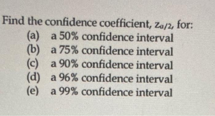 Solved Find the confidence coefficient, za/2, for: (a) a | Chegg.com
