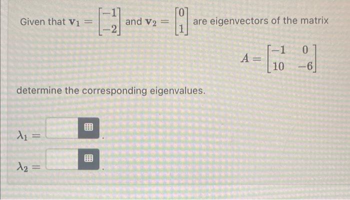Solved Given that v1=[−1−2] and v2=[01] are eigenvectors of | Chegg.com