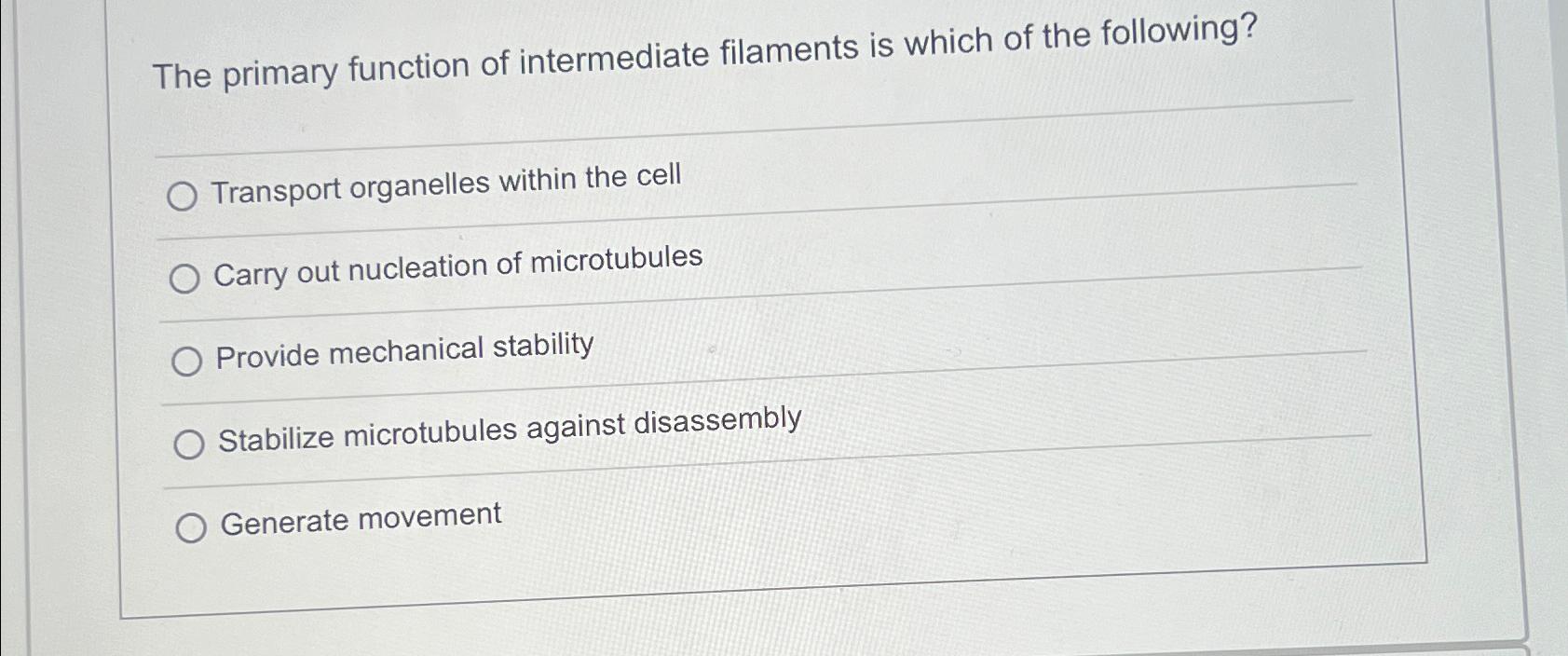 Solved The primary function of intermediate filaments is | Chegg.com