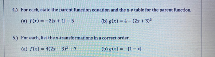 Solved 4.) For each, state the parent function equation and | Chegg.com
