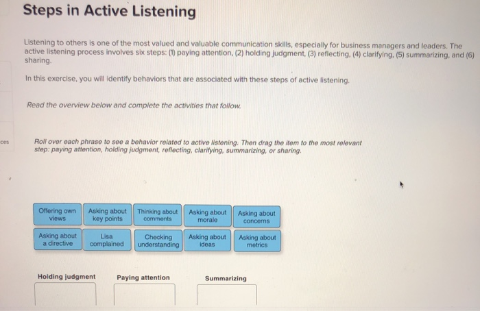 Solved Steps in Active Listening Listening to others is one | Chegg.com