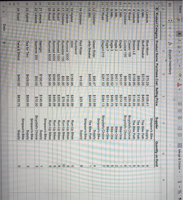 Solved in the Excel file Bicycle Inventory, find the | Chegg.com
