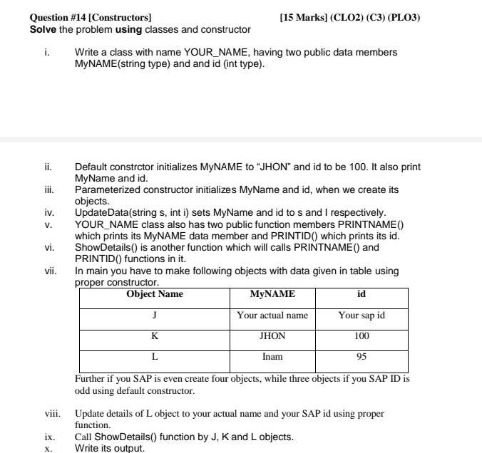 Solved Question #14 [Constructors) [15 Marks] (CLO2) (C3) | Chegg.com