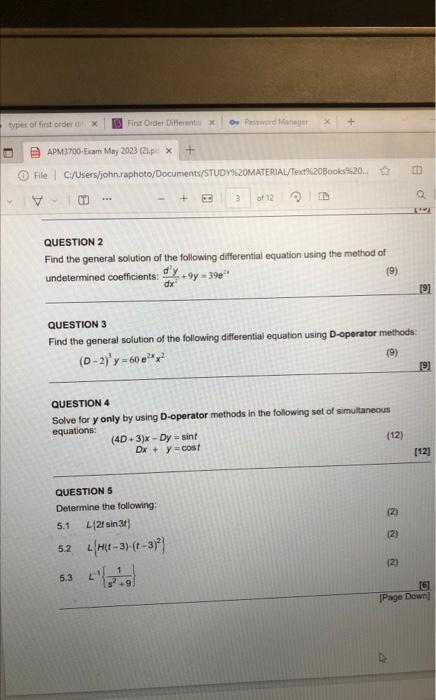 QUESTION 2 Find the general solution of the following | Chegg.com
