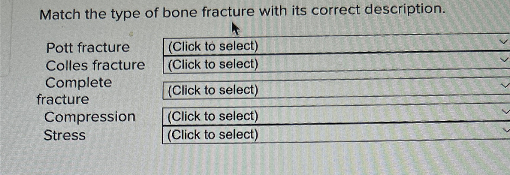 Match the type of bone fracture with its correct | Chegg.com
