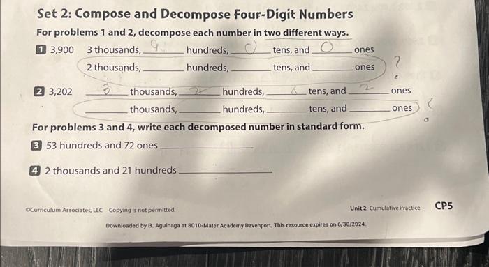 Solved Set 2: Compose and Decompose four-Digit Numbers For | Chegg.com