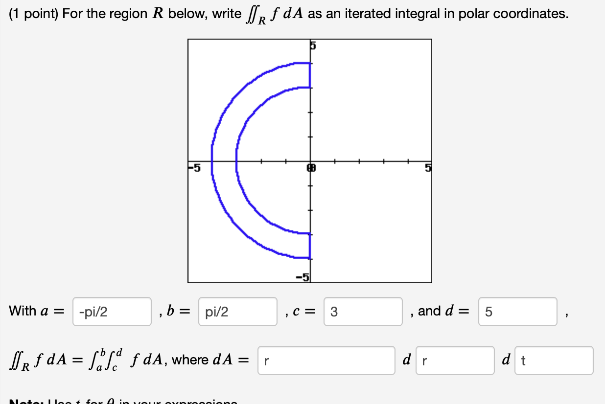 Solved (1 ﻿point) ﻿For the region R ﻿below, write ∬RfdA as | Chegg.com