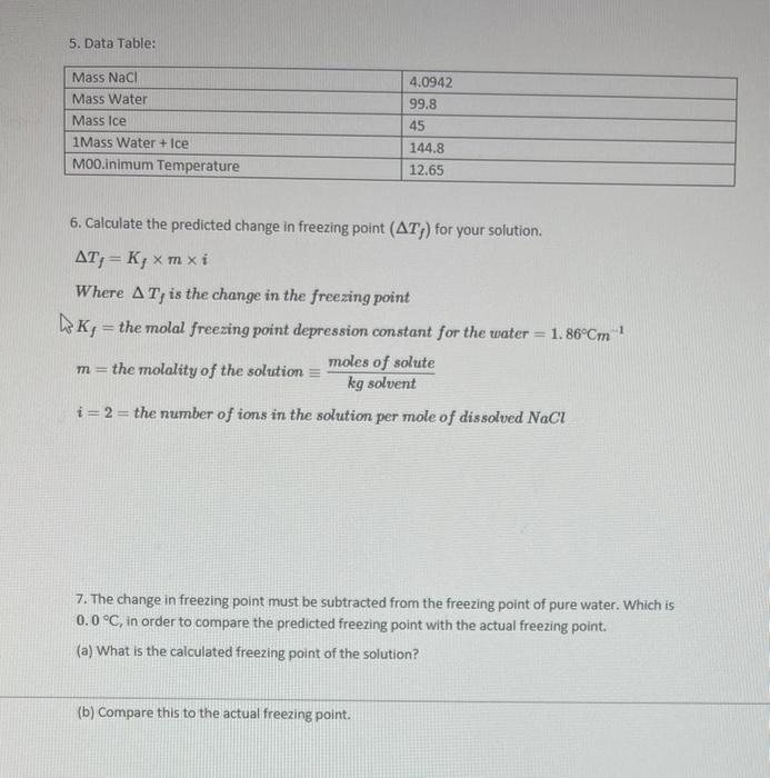 Solved 5. Data Table: Mass Naci Mass Water Mass Ice 1 Mass | Chegg.com