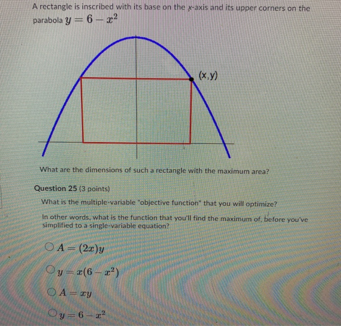 Solved A rectangle is inscribed with its base on the x-axis | Chegg.com