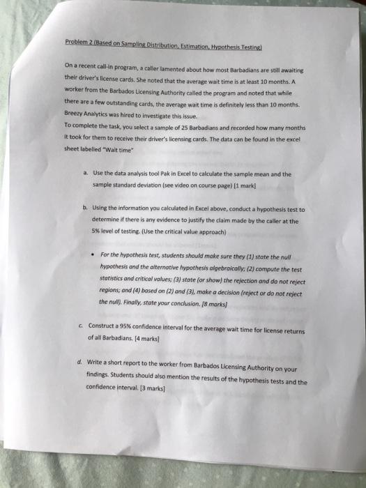 Problem 2 (Based on Sampling Distribution. Estimation | Chegg.com