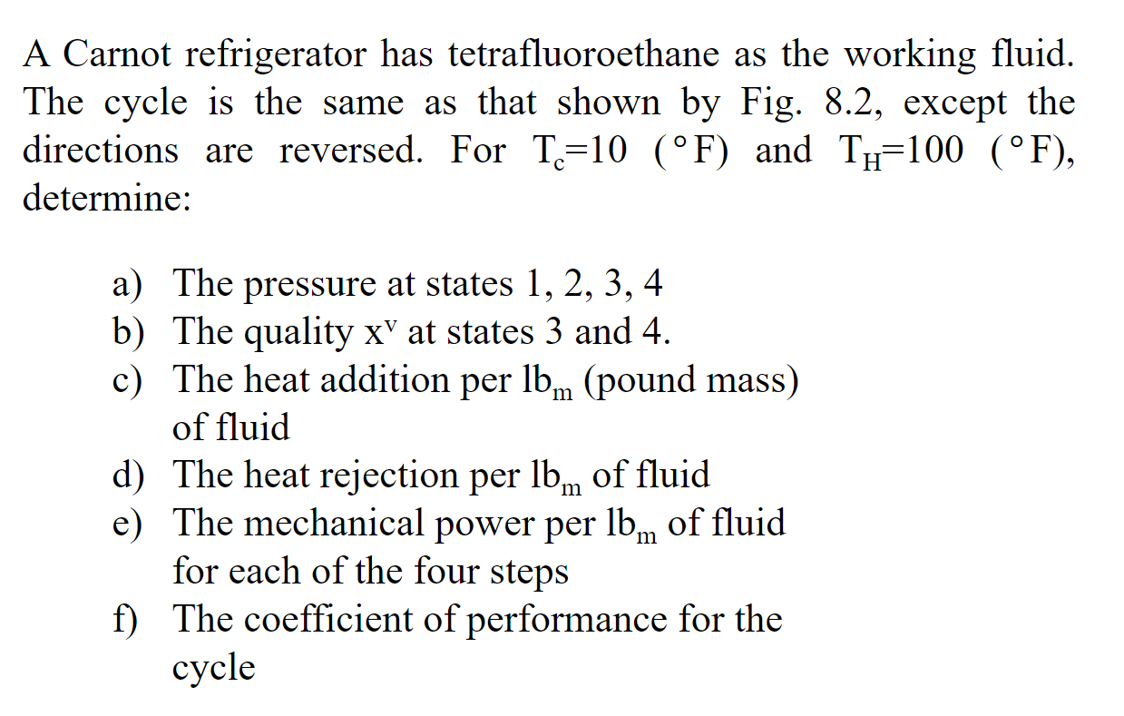 Solved A Carnot refrigerator has tetrafluoroethane as the | Chegg.com