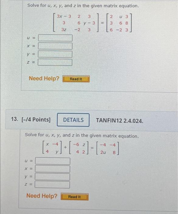 Solved Solve for u, x, y, and z in the given matrix | Chegg.com