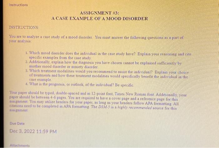 Solved ASSIGNMENT \#3: A CASE EXAMPLE OF A MOOD DISORDER | Chegg.com