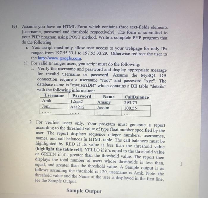(e) Assume you have an HTML Form which contains three | Chegg.com