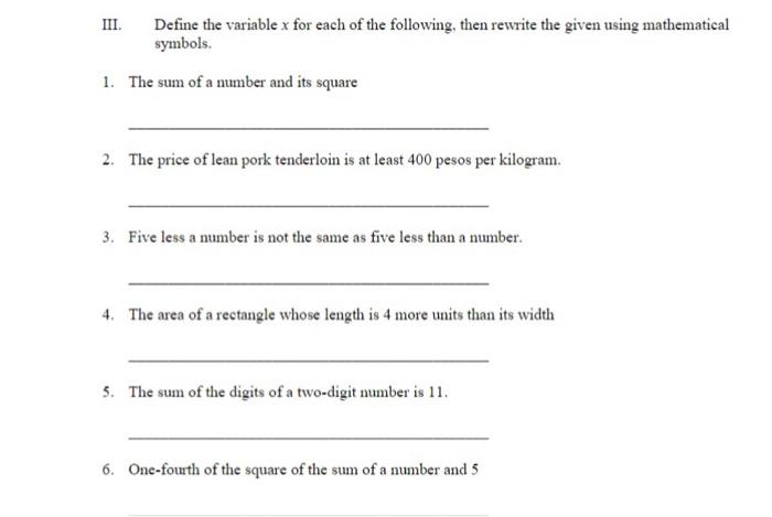 Solved III. Define the variable x for each of the following, | Chegg.com