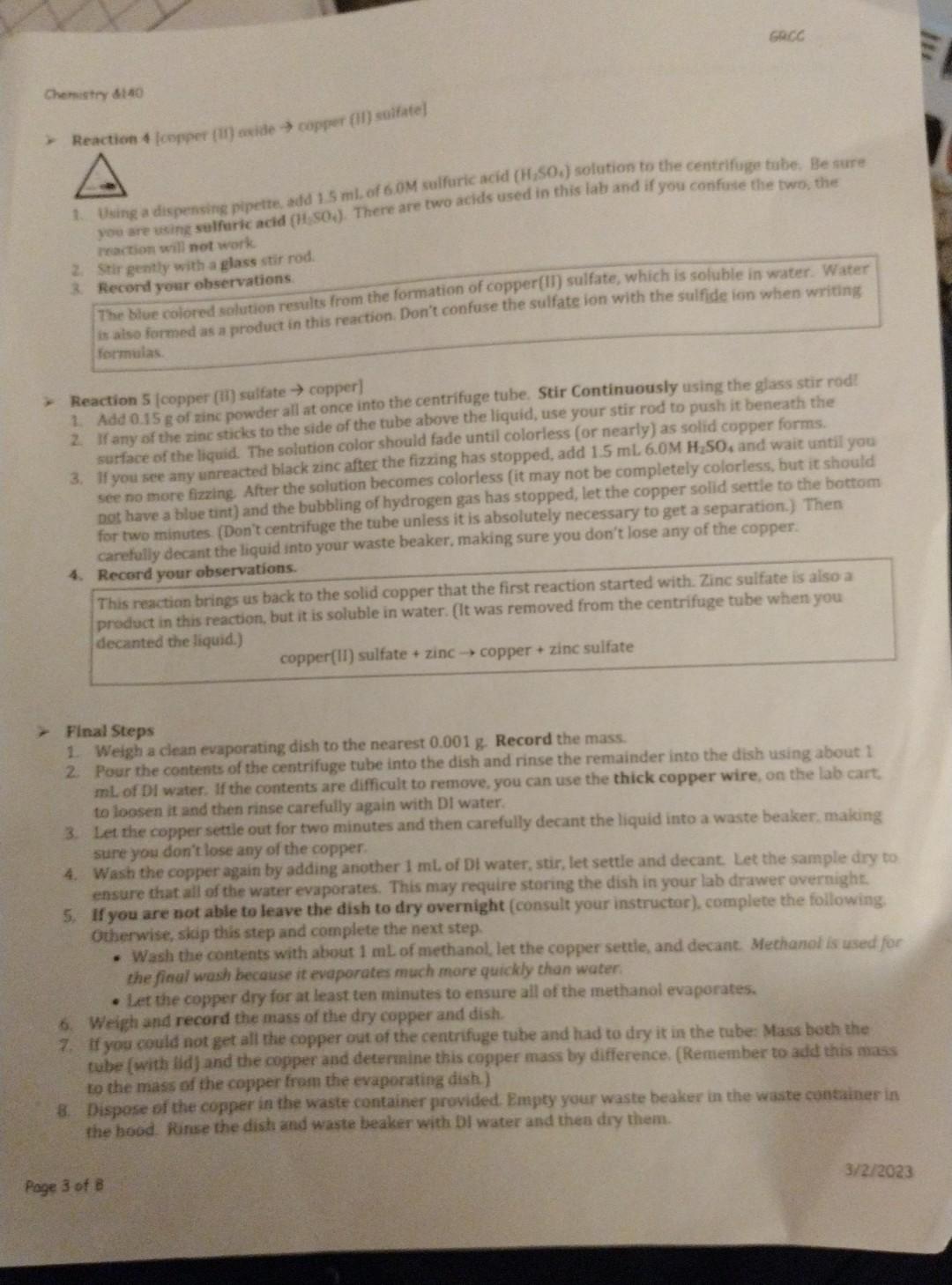Chemistry \&140 GRCC Lab 5: Cu to Cu Report Form Page | Chegg.com