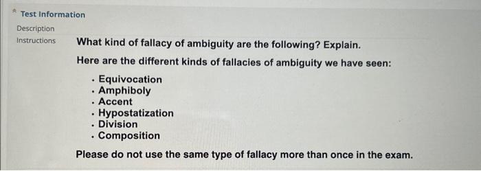 The fallacies seen are: Equivocation, amphiboly, | Chegg.com