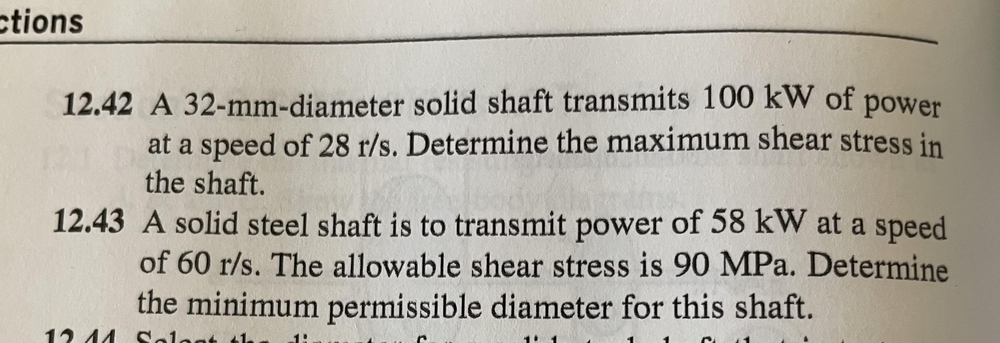 Solved 12 42 ﻿a 32 Mm Diameter Solid Shaft Transmits 100kw