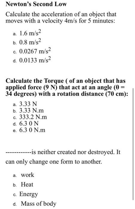 Solved Newton's Second Low Calculate the acceleration of an | Chegg.com