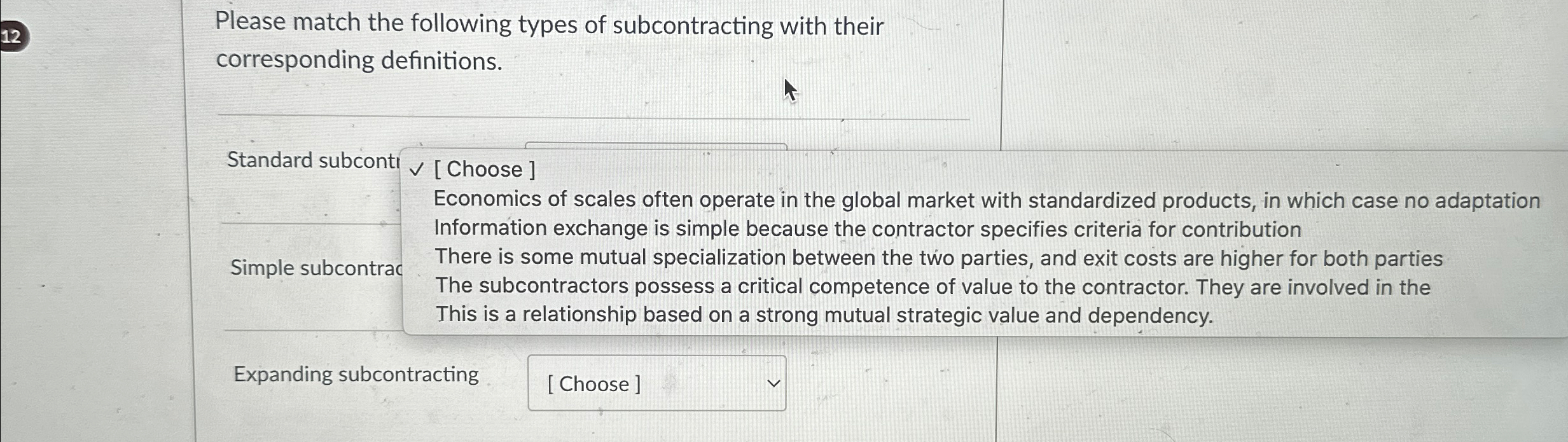 Solved Please match the following types of subcontracting | Chegg.com