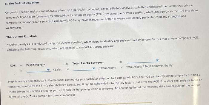 Solved 8. The Dupont equation Corporate decision makers and | Chegg.com