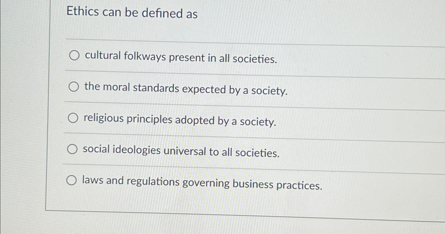Solved Ethics can be defined ascultural folkways present in | Chegg.com