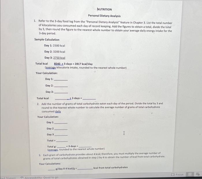 Solved Personal Dietary Analysis 1. Refer to the 3-day food | Chegg.com