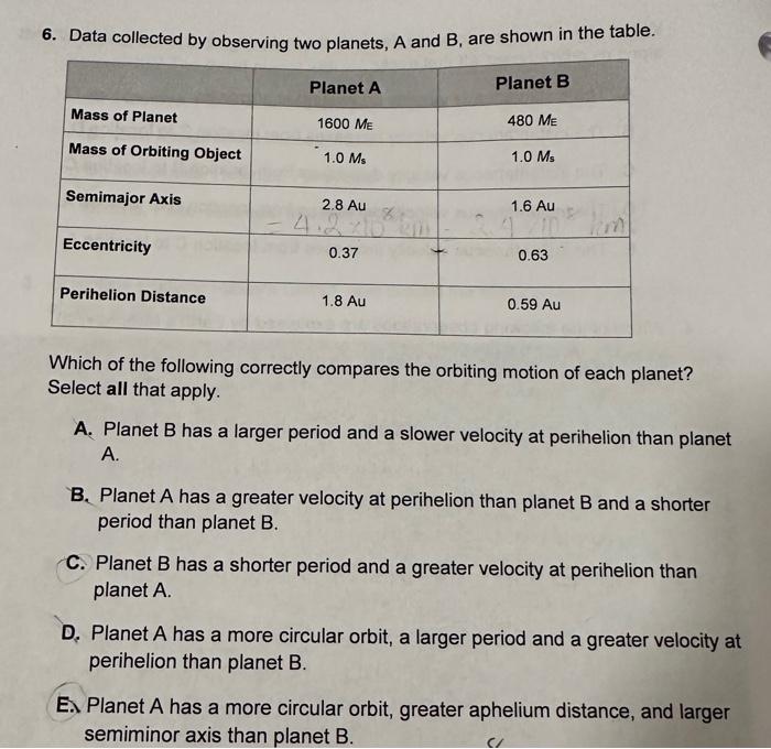 Solved 6. Data collected by observing two planets, A and B, | Chegg.com